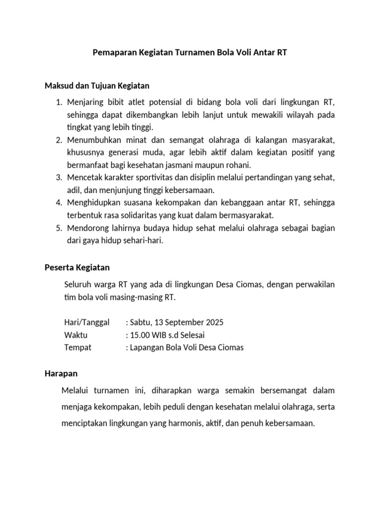Turnamen Voli Antar RT Desa Ciomas 2025 | PDF