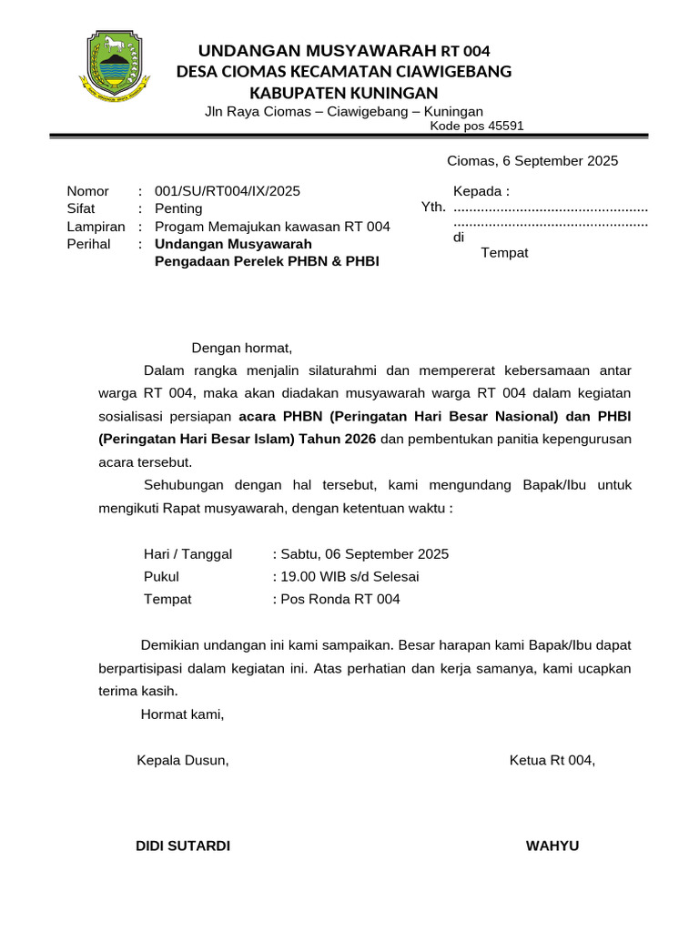 Undangan Musyawarah PHBN PHBI RT 04 | PDF