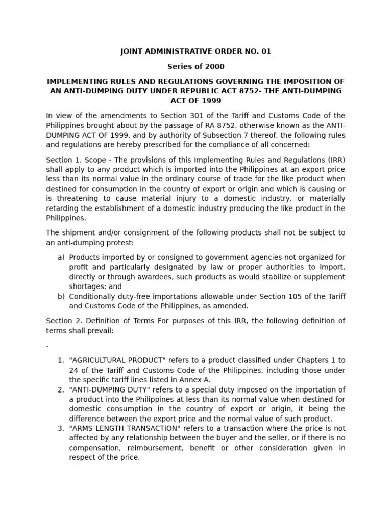 Joint Administrative Order No 2 | PDF | Dumping (Pricing Policy) | Exports