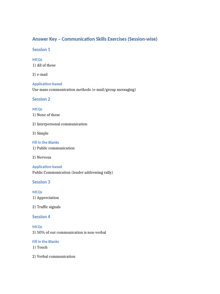Communication Skills Session Wise Answer Key | PDF