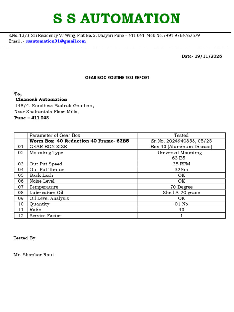 Test Report Gearbox | PDF