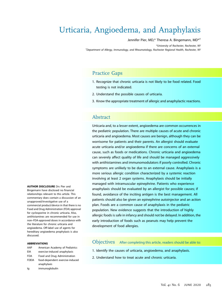 Urticaria, Angioedema, and Anaphylaxis Pediatrics in Review 2020 | PDF ...