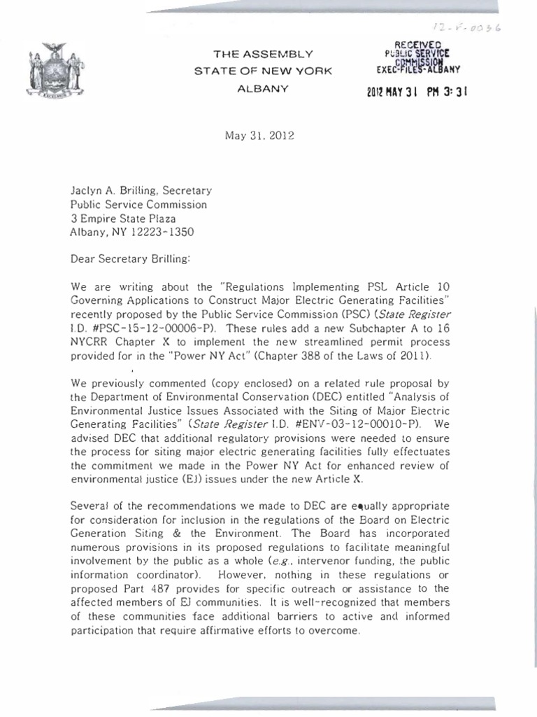 The Assembly Of New York State Comments Re Article 10 Public Participation Government