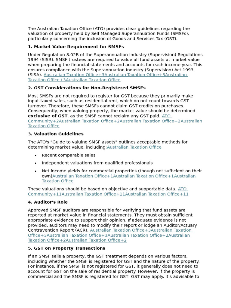 SMSF Property Valuation & GST Guidelines | PDF | Taxes | Valuation ...