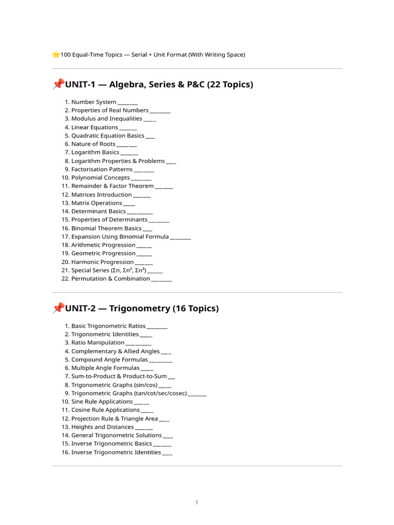100 Equal Time Topics | PDF | Trigonometry | Determinant