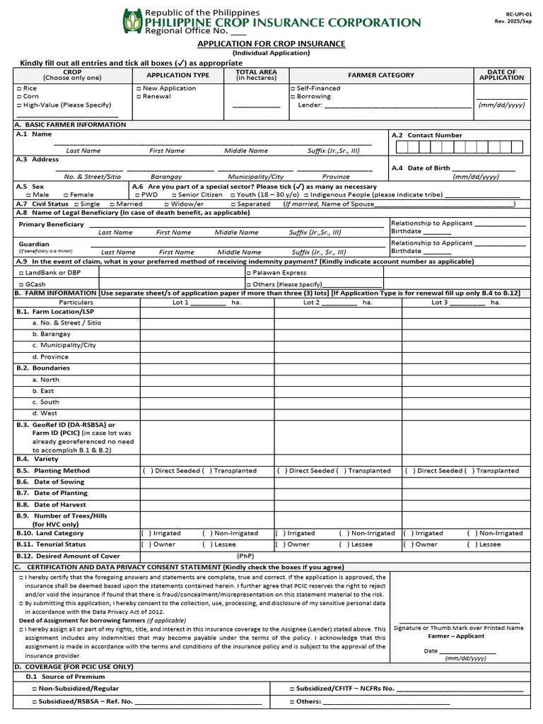 Crop Insurance Application Form Philippines | PDF | Insurance ...
