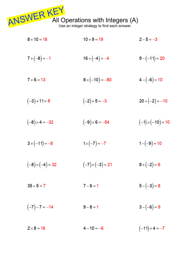 0.3 Mixed Integer Operations KEY | PDF