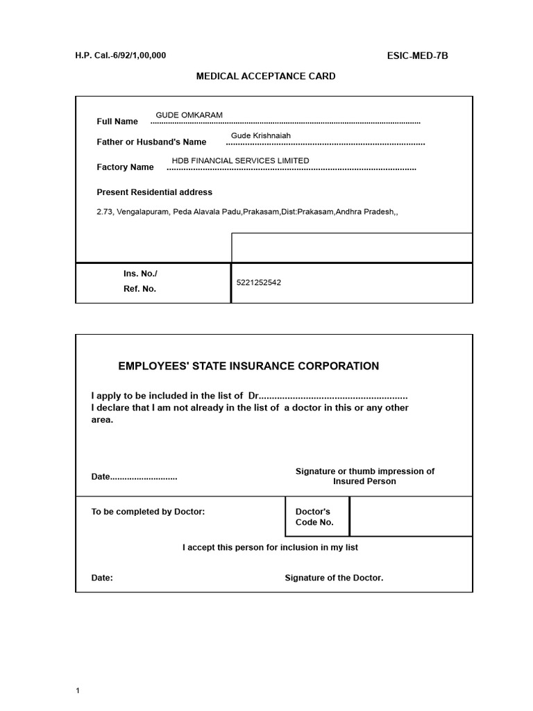 Hf251823 Esic Card | PDF