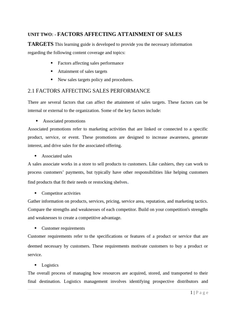 Factors Affecting Attainment of Sales Targets | PDF | Sales ...