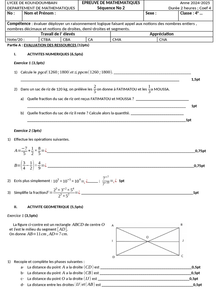 Évaluation de Mathématiques 4e - 2024-2025 | PDF | Mathématiques ...