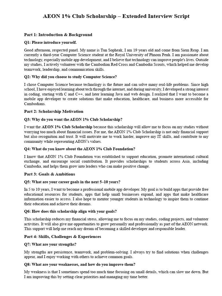 AEON 1% Club Scholarship Interview Script | PDF | Html | Databases