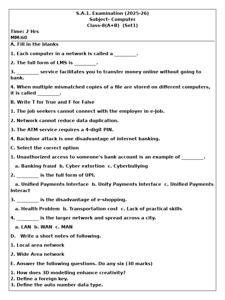 Class 8 Computer Exam Paper 2025-26 | PDF