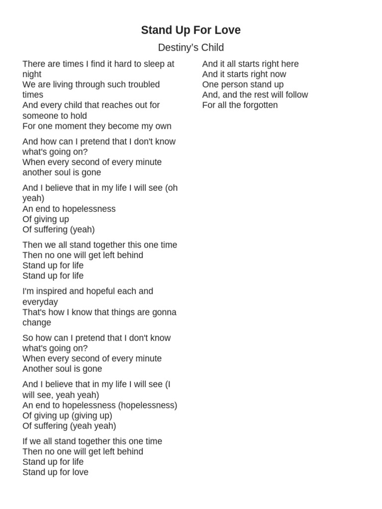 Stand Up For Love Lyrics Analysis | PDF