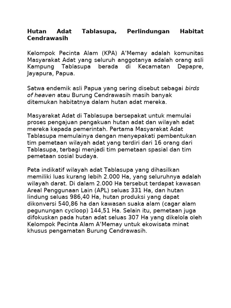 Hutan Adat Tablasupa dan Cendrawasih | PDF