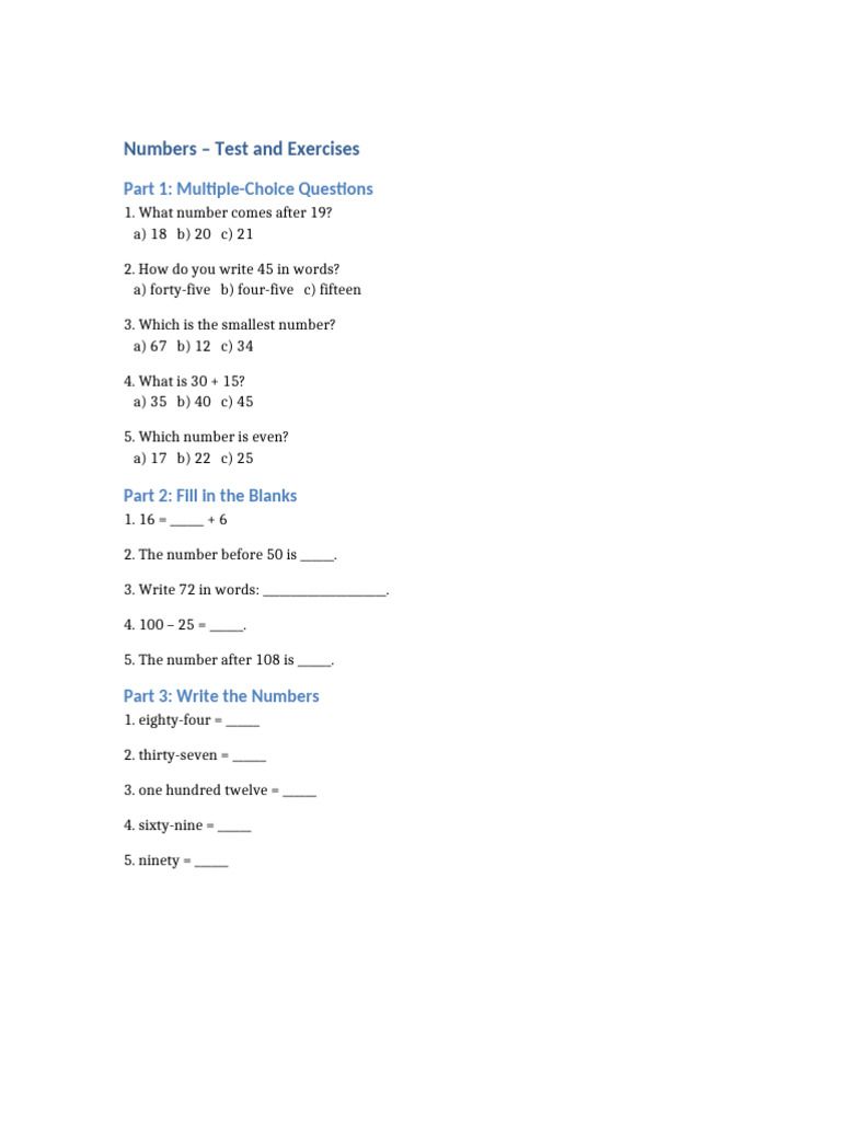 Numbers Test and Exercises | PDF