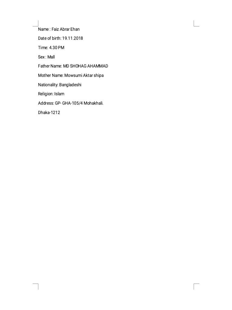 Faiz Abrar Ehan: Birth Details | PDF