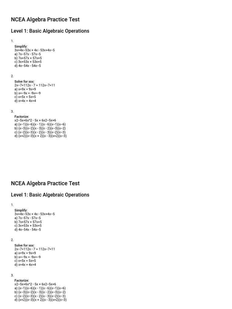 NCEA Algebra Practice Test Guide | PDF | Algebra | Equations