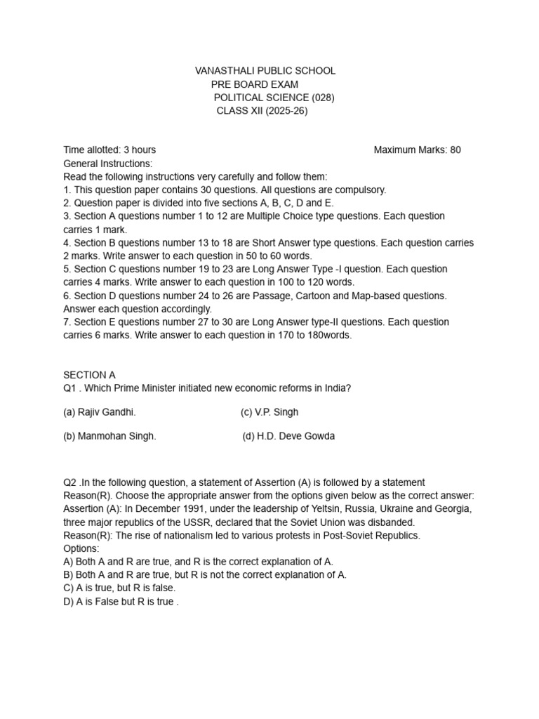 Class XII Political Science Pre-Board Exam | PDF | Indian National ...