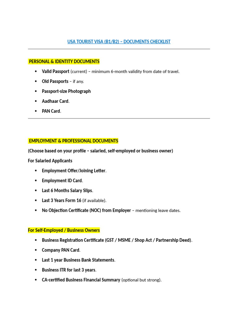 USA B1, B2 Documents Checklist | PDF | Identity Document | Government ...
