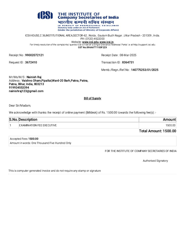 Receipt Summary Cs Executive | PDF