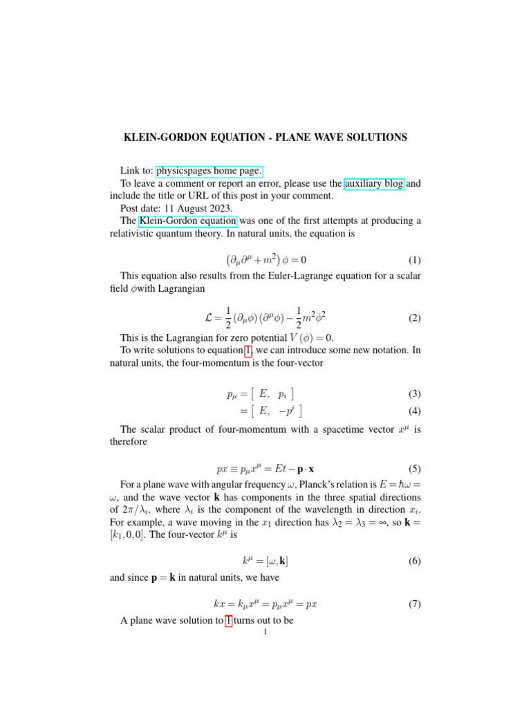 Klein-Gordon Equation Plane Wave Solutions | PDF | Waves | Schrödinger ...