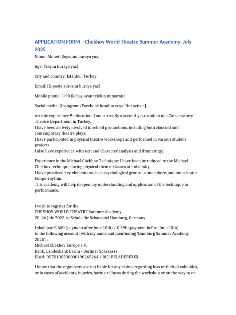 Chekhov Summer Academy Application Form | PDF