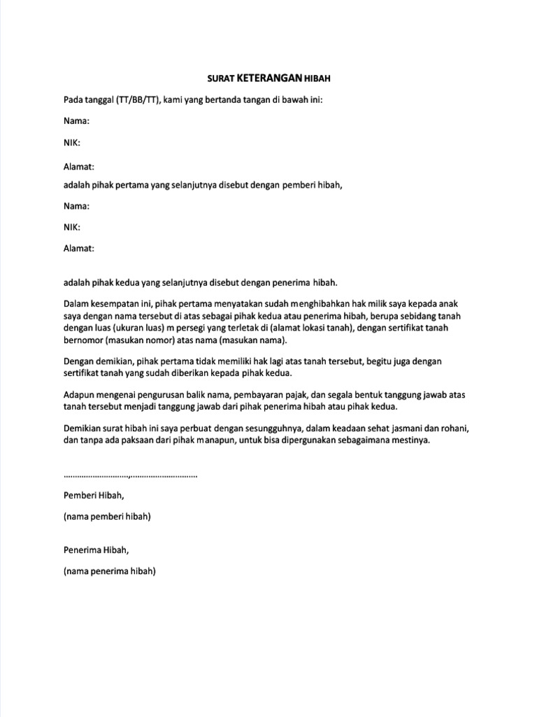 Contoh Surat Hibah Orang Tua Ke Anak File PDF (2) | PDF