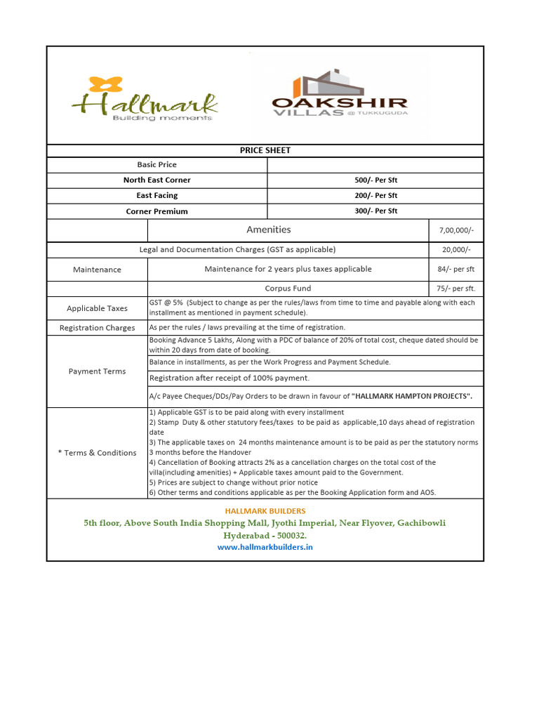 Oakshir Price Sheet (7999) | PDF | Payments | Cheque