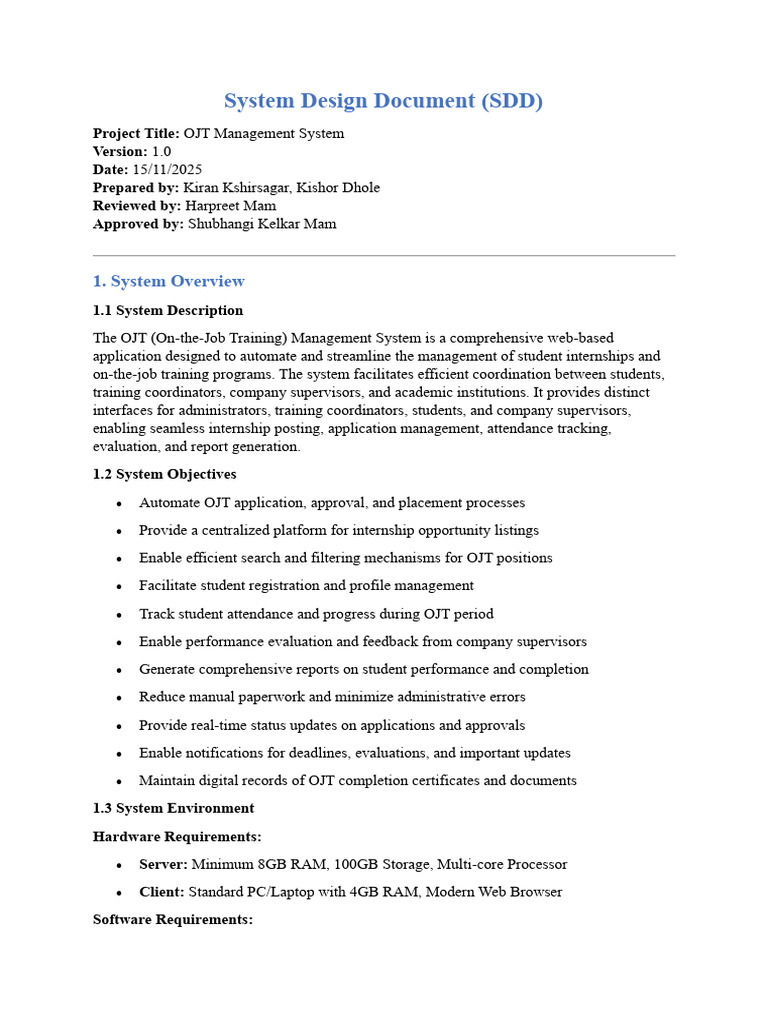 OJT Management System SDD | PDF | Databases | Public Key Certificate