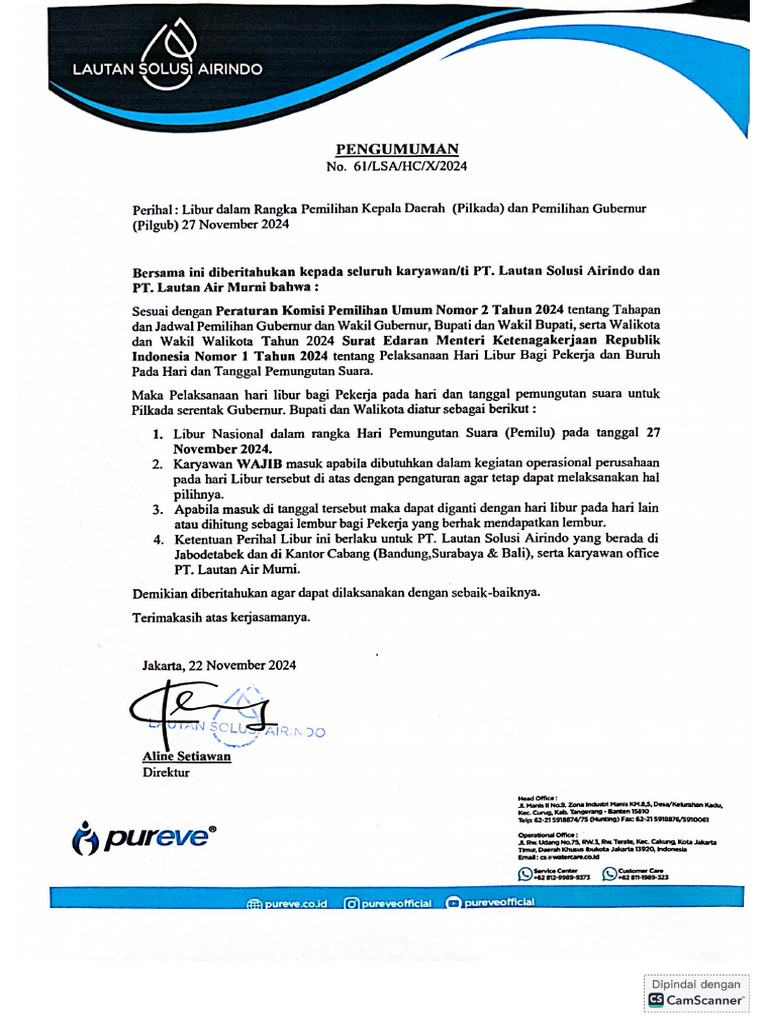 Memo Internal Libur Pilkada & Pilgub 2024 | PDF