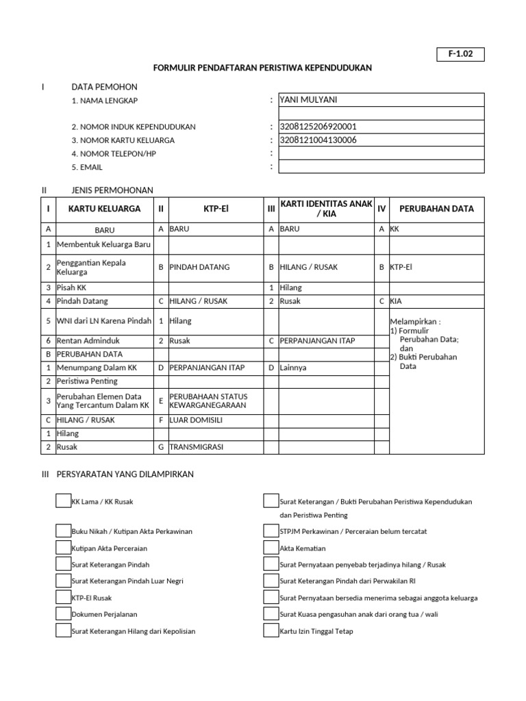 F-1.02 Formulir Kk Ktp Kia Yani Mulyani | PDF
