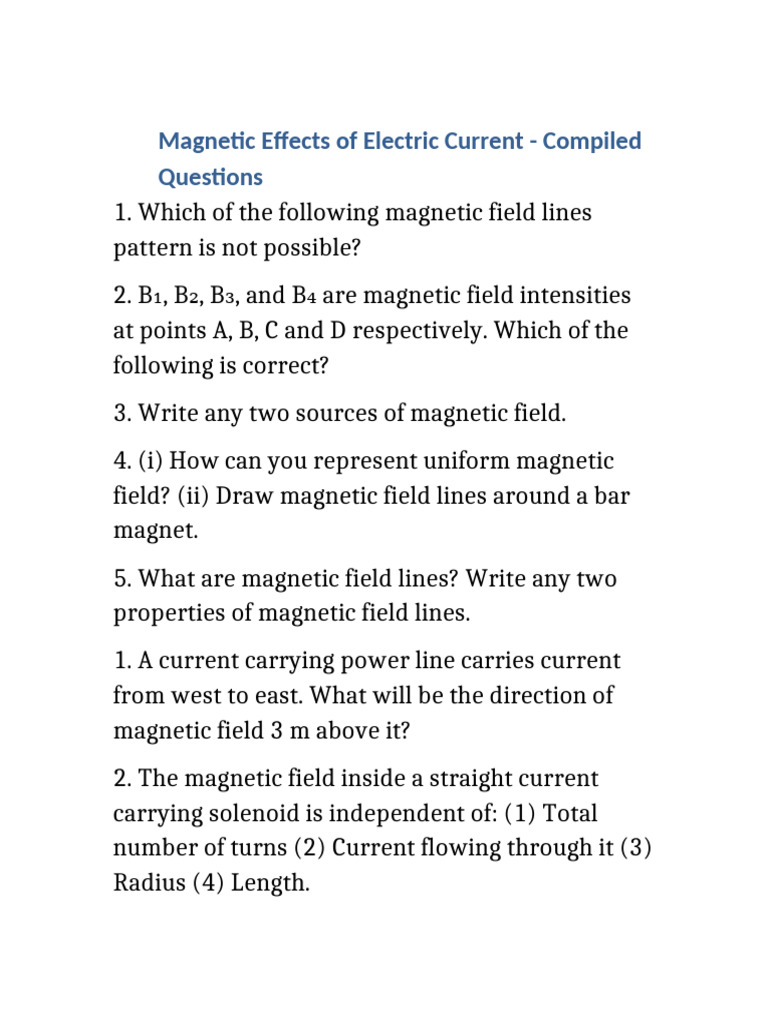 Magnetic Effects of Electric Current Quiz | PDF | Magnetic Field ...