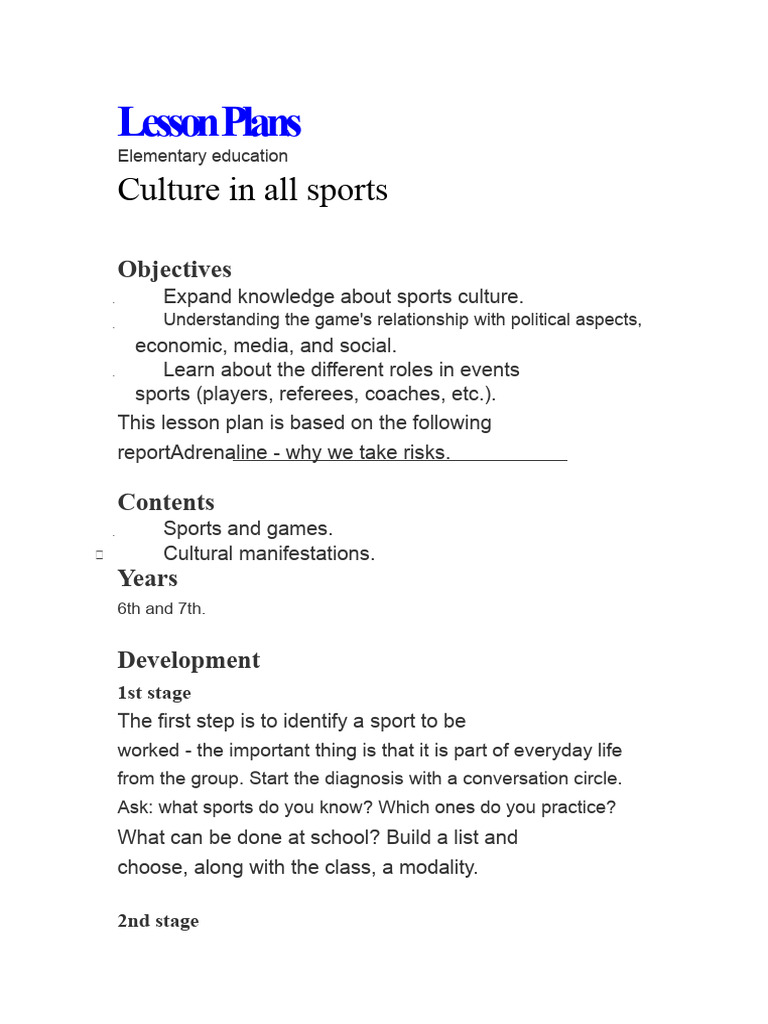 Sports Culture Lesson Plans for Kids | PDF | Knowledge | Learning