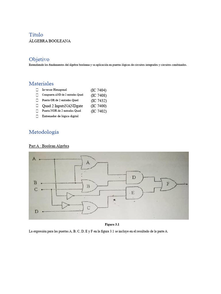 Experimento 3: Álgebra Booleana. | PDF | Puerta lógica | Álgebra de Boole