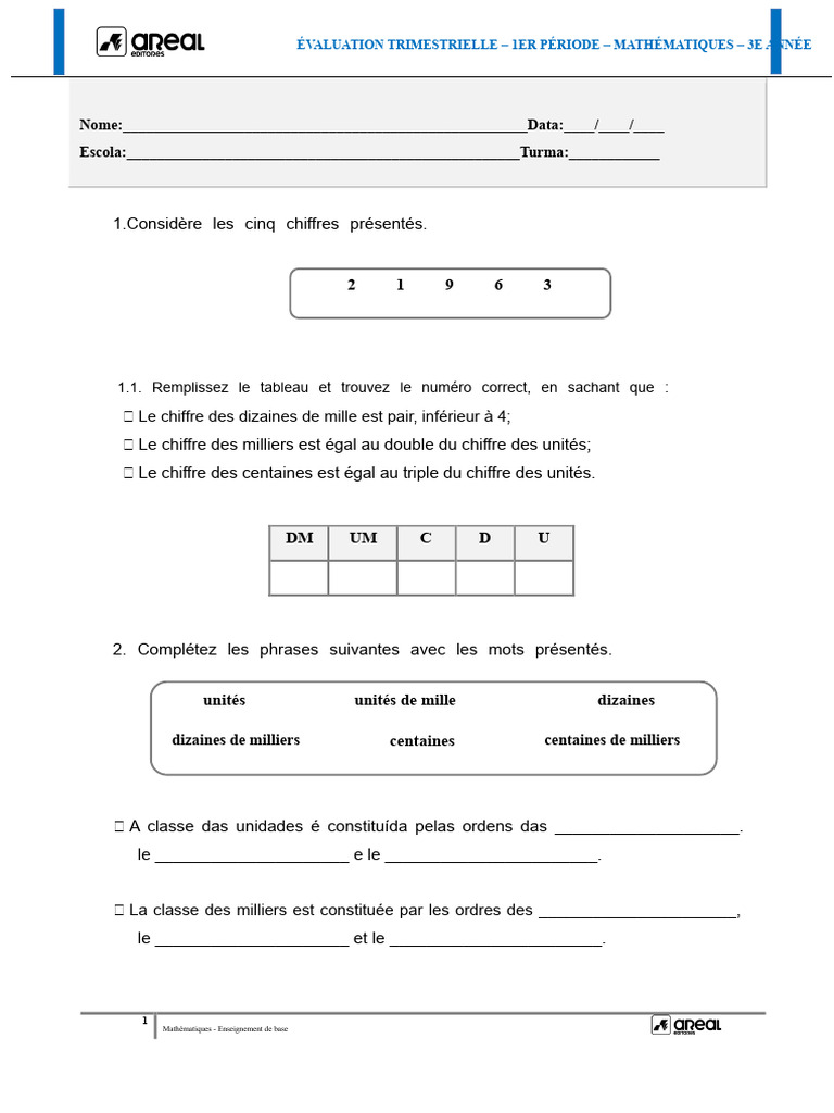 Évaluation trimestrielle de mathématiques 3e année | PDF | Théorie des ...