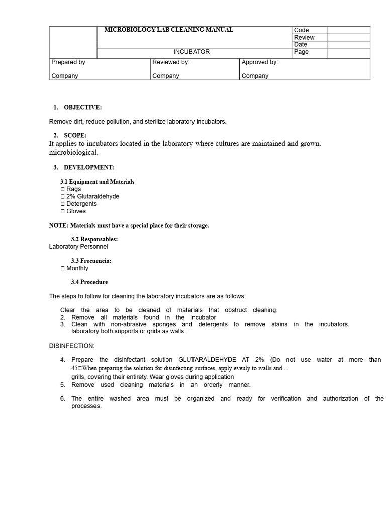 General Microbiology Laboratory Cleaning Manual (Incubators) | PDF ...