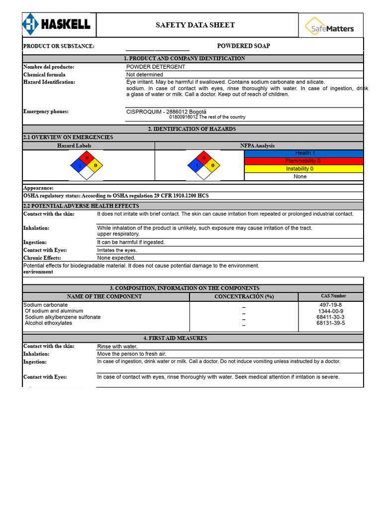 Powdered Soap Safety Data Sheet | PDF | Dangerous Goods | Chemistry
