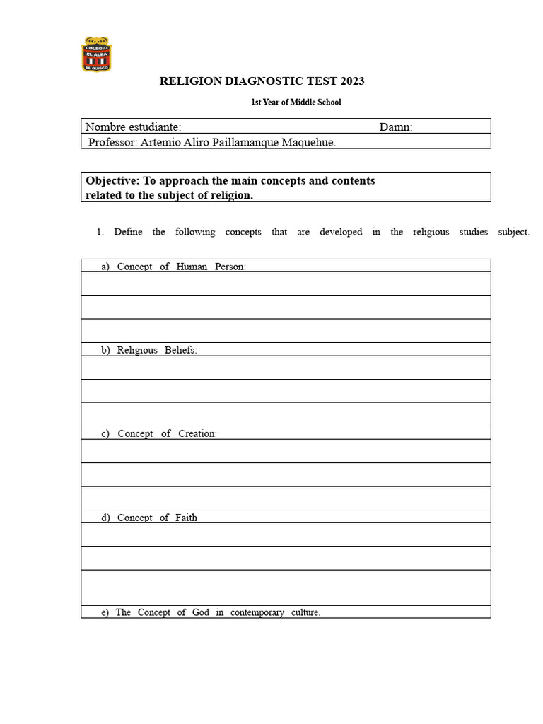 Diagnostic Test of Religion 1st Year of High School | PDF