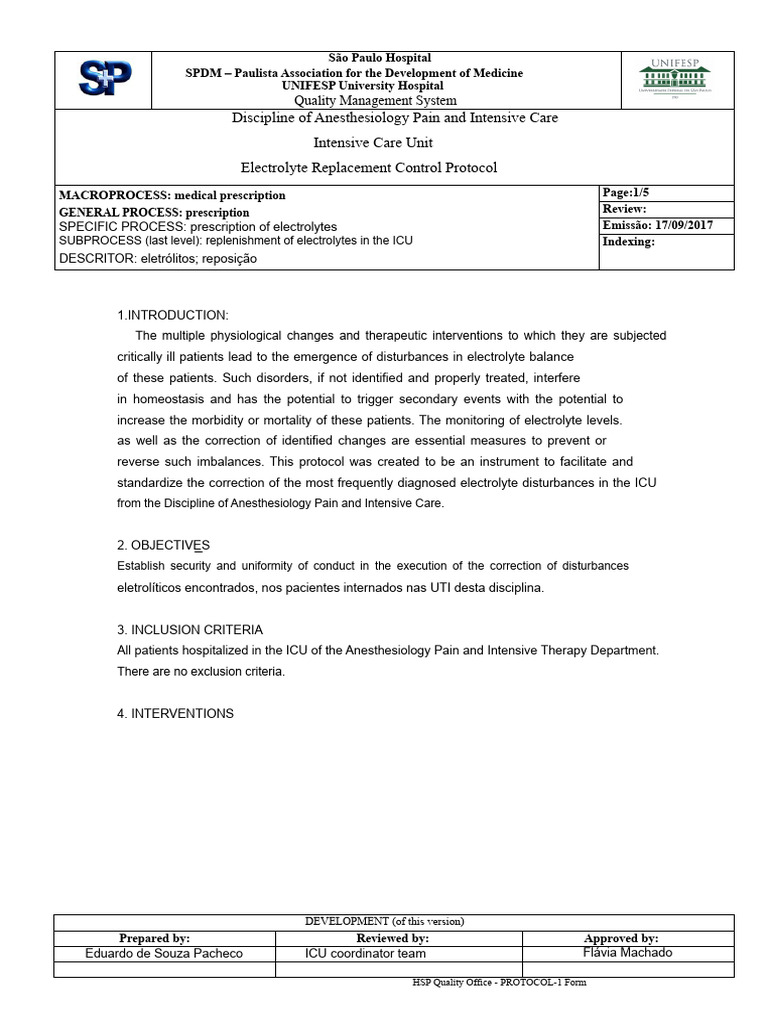 Electrolyte Replacement Protocol | PDF | Intensive Care Medicine ...