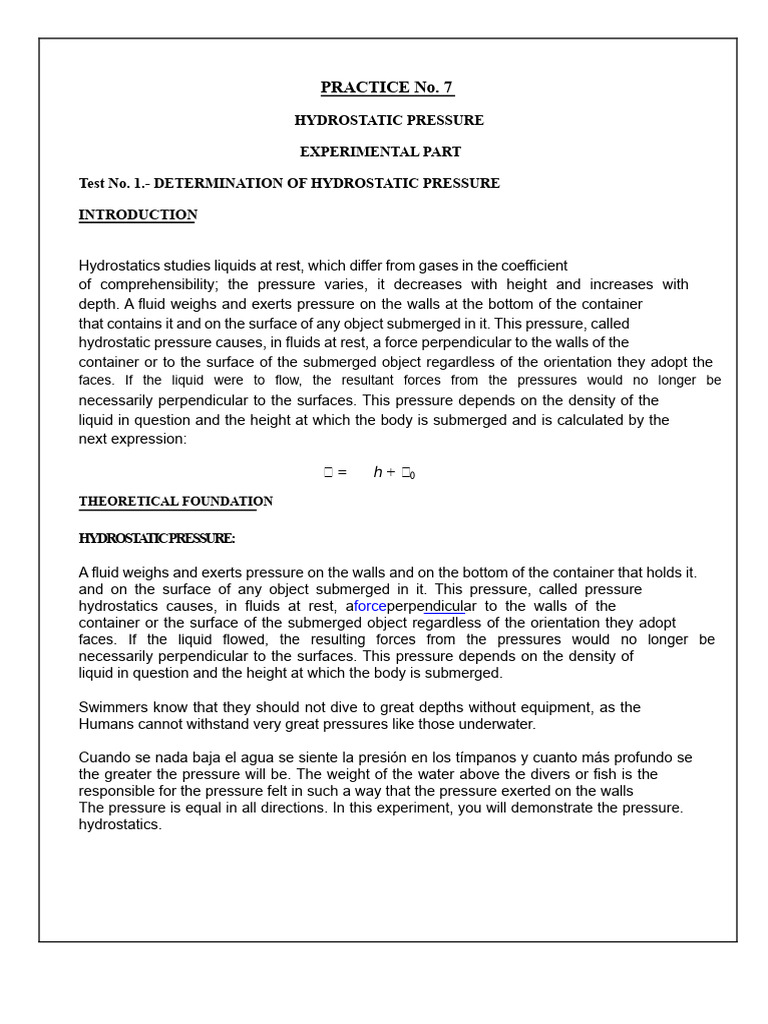 Hydrostatic Pressure Experiment Guide | PDF | Pressure | Buoyancy