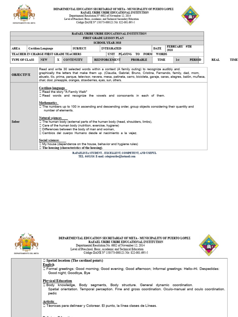 Lesson Plan First Period First Grade | PDF | Communication | Numbers
