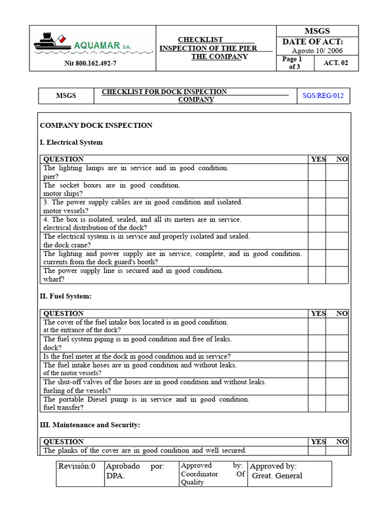Checklist For Company Dock Inspection | PDF
