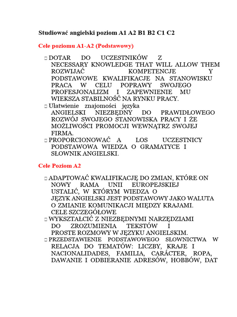 Studiowanie Angielskiego Poziom A1 A2 B1 B2 C1 C2 | PDF