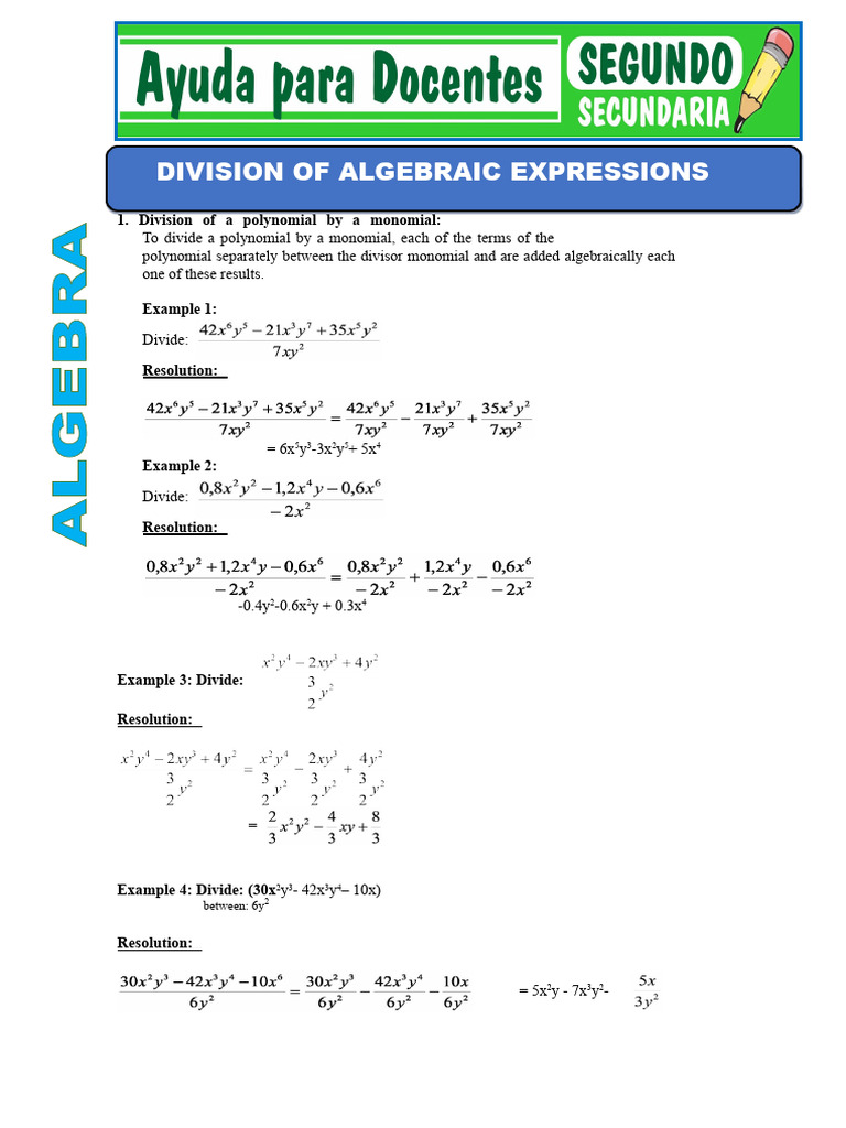 Division of Algebraic Expressions For Second Year of Secondary School ...