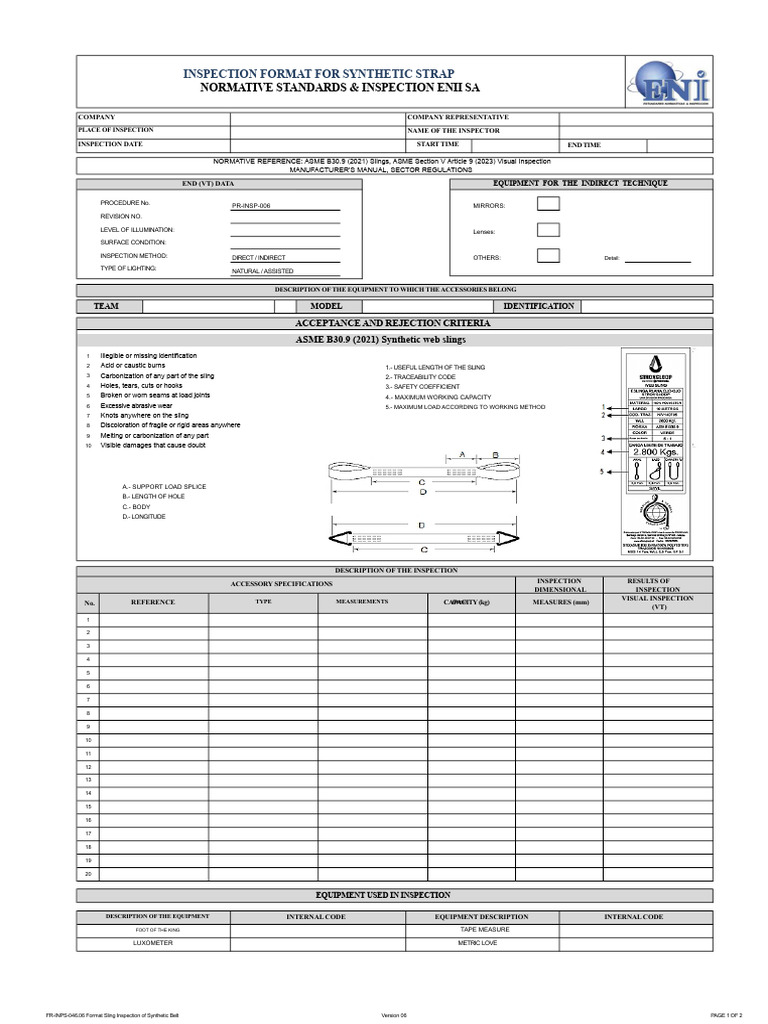 FR-InSP-046.06 Inspection Format Synthetic Strap Sling | PDF