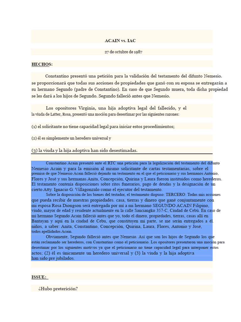 ACAIN Vs IAC - Digest de Casos | PDF | Herencia | Voluntad y testamento