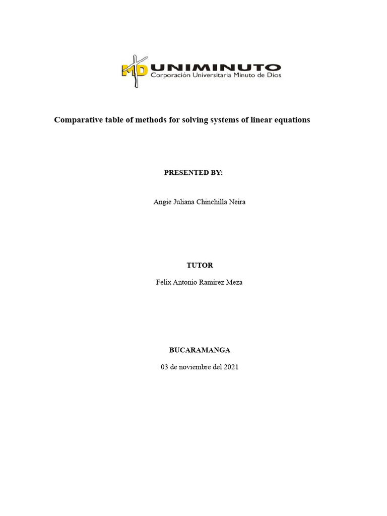 Comparative table of methods for solving systems of linear equations ...