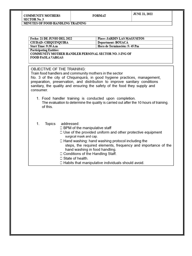 Training Minutes On Food Handling - Icbf Chiquinquira | PDF | Food ...