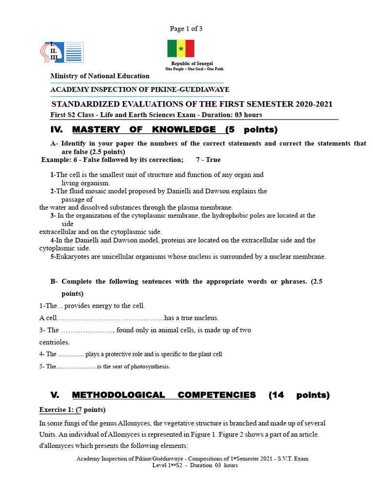 Evaluation Standards 1ST Semester SVT 1ST Year S2 2020-2021 Senegal | PDF | Cell (Biology ...