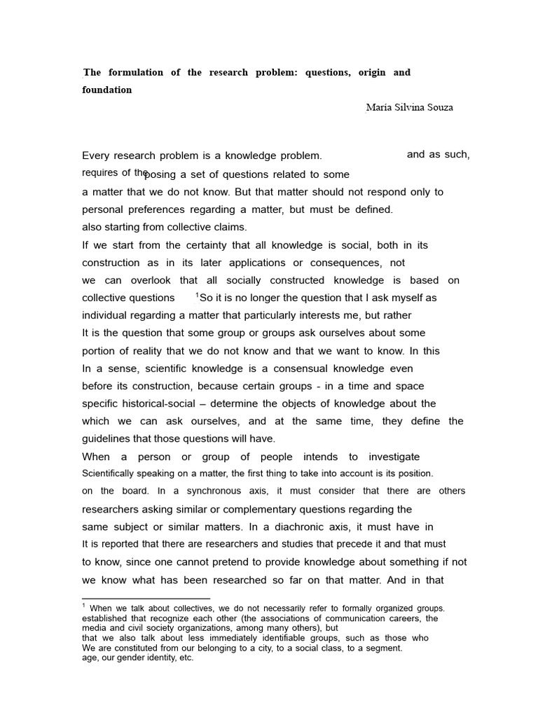 Souza, M. - The Formulation of the Research Problem. Questions, Origin and Foundation | PDF ...